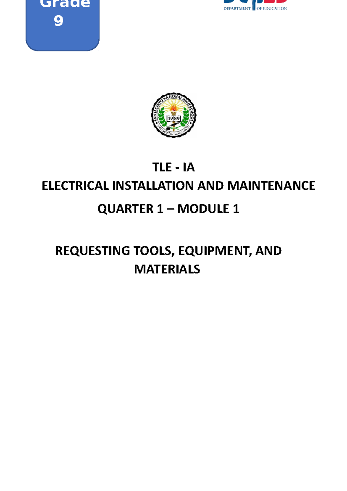 TLE eim week1 quarter 1 - TLE - IA ELECTRICAL INSTALLATION AND MAINTENANCE QUARTER 1 – MODULE 1 ...