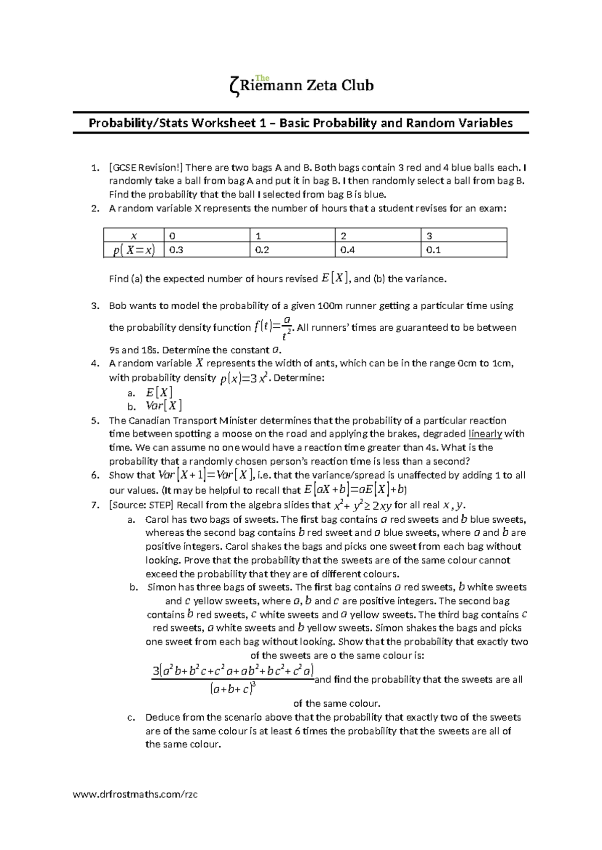 RZC Chp6 Probability Stats Worksheet 1: Basic Probability & Random ...
