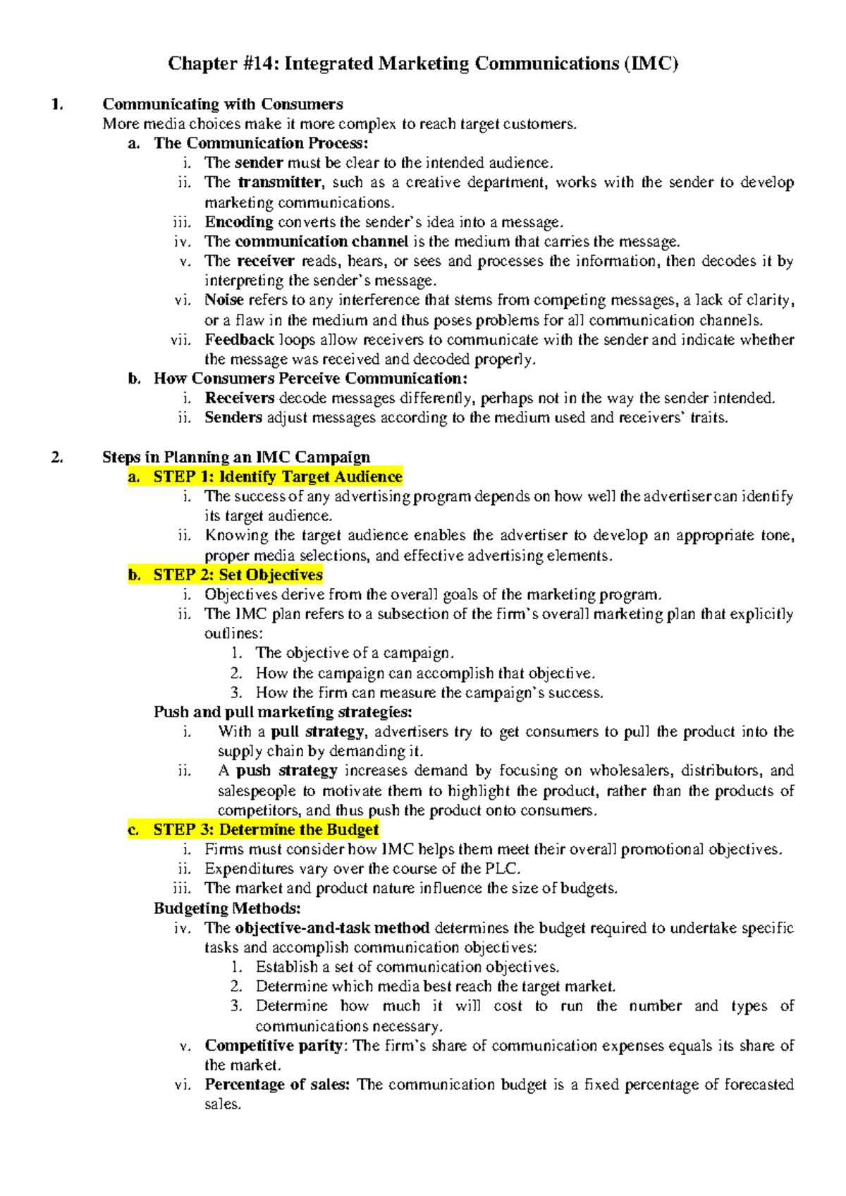 One-Pager - Chapter 14 - Chapter #14: Integrated Marketing Communications (IMC) Communicating ...