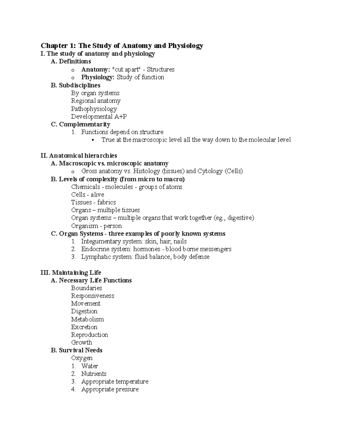 Anatomy and Physiology I (BIO101): Chapter 1 Overview and Key Concepts ...