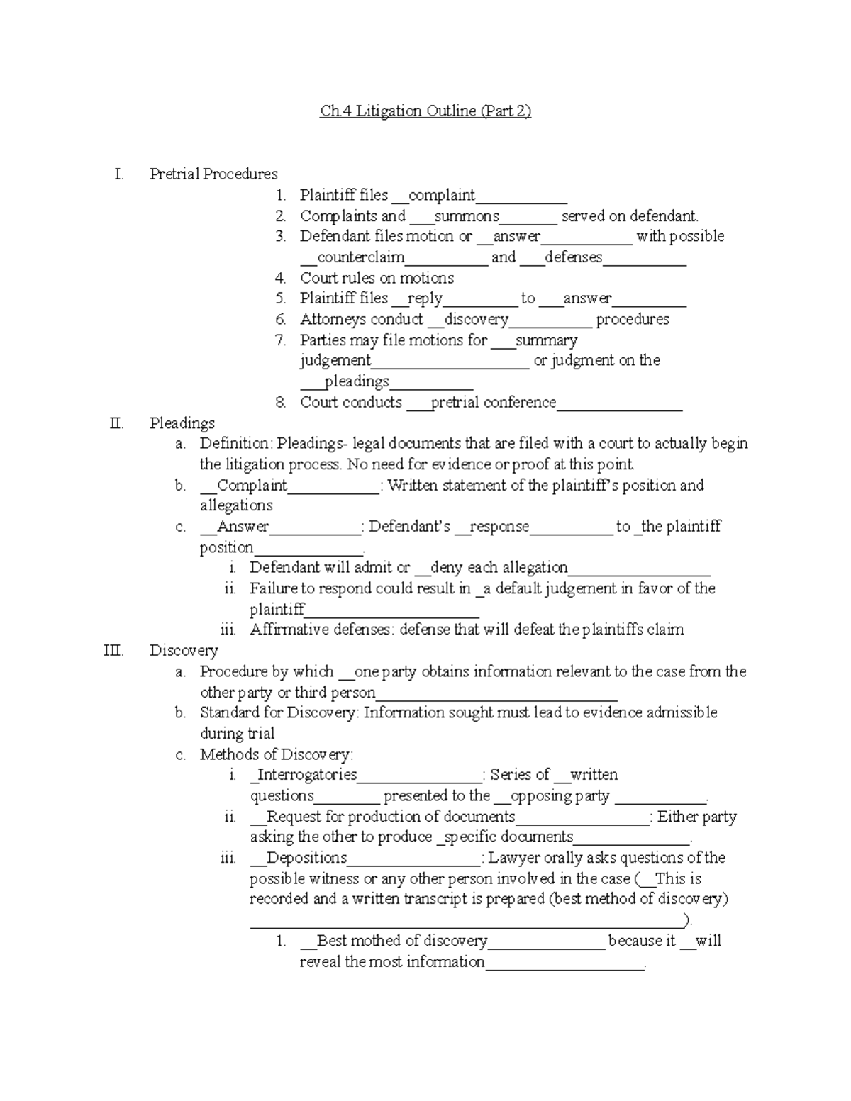 Ch.4 Litigation Outline: Pretrial Procedures & Motions Overview - Studocu