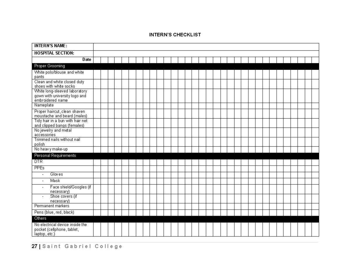 Internship Checklist for Proper Grooming - 2024-2025 - Studocu