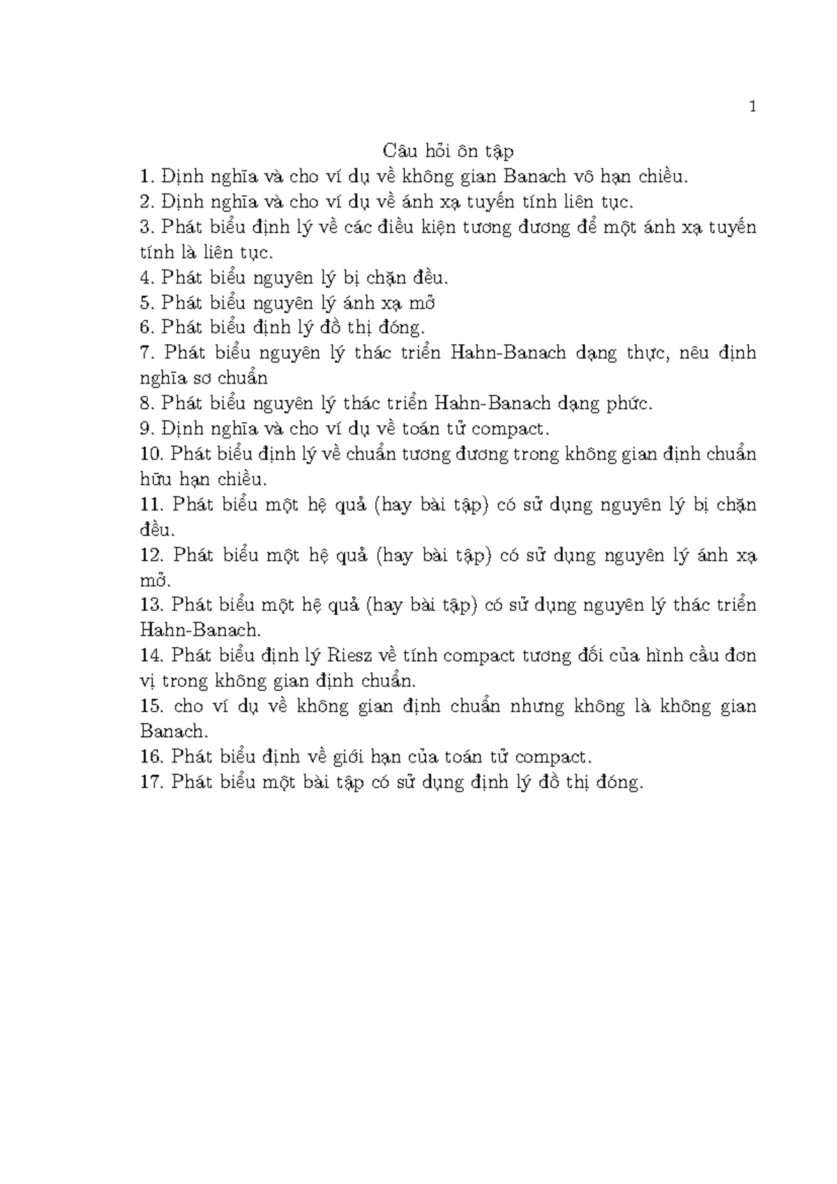 Đề cương ôn tập cuối kì - Toán học 1: Không gian Banach và Ánh xạ tuyến ...