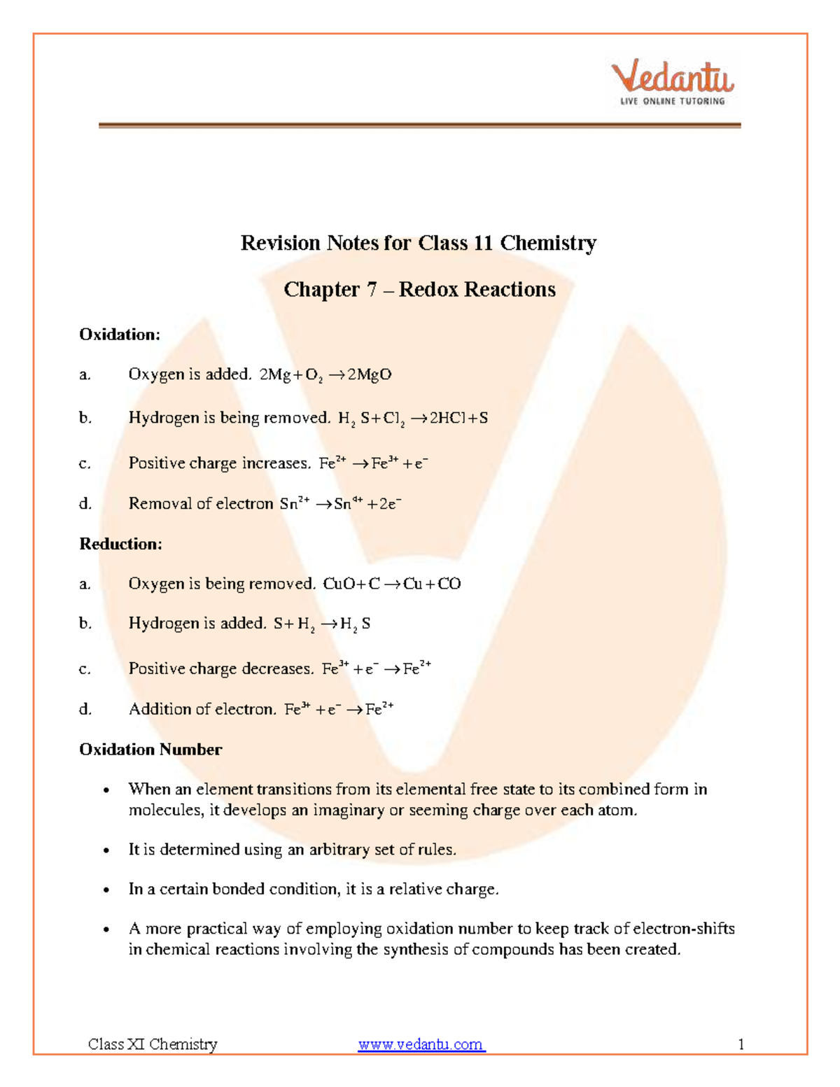 Redox Reactions Class 11 Chemistry Revision Notes - Studocu