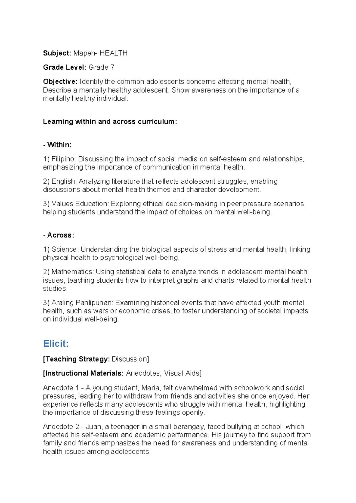 Lesson Plan on Adolescent Mental Health - MAPEH Grade 7 - Studocu