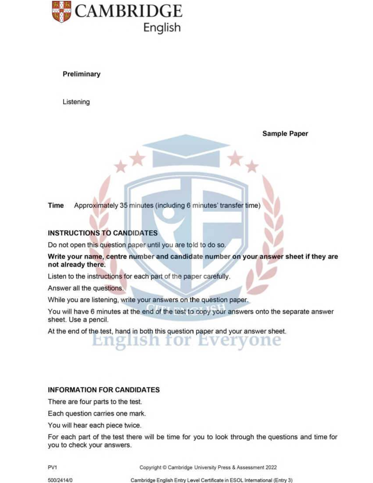 B1 Cambridge English Preliminary Listening & Reading Sample Test - Studocu