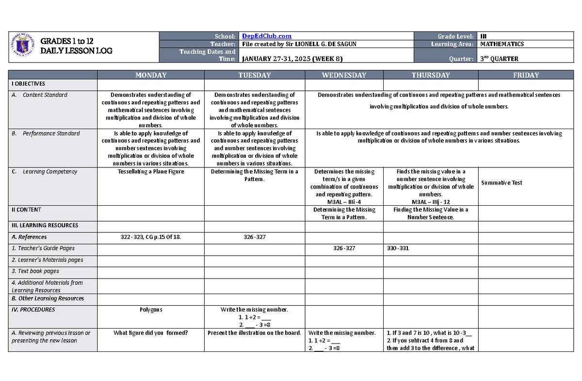 DLL Mathematics 3 Q3 W8 - aligned in matatag - GRADES 1 to 12 DAILY ...