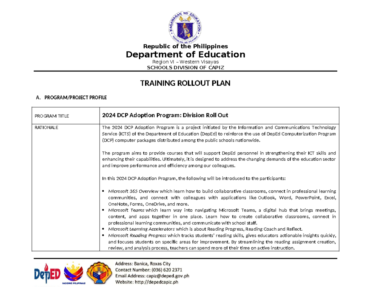 2024 DCP Adoption Program: Training Rollout Plan for DepEd Personnel ...