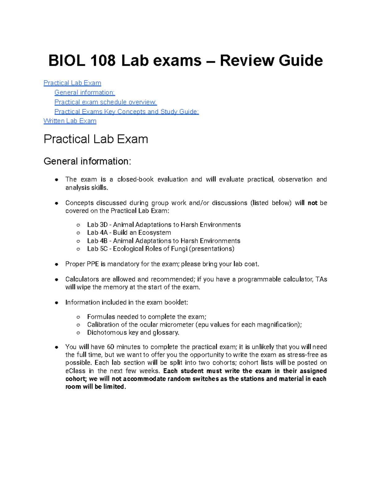BIOL 108 Lab Practical Exam Review Guide - Winter 2024 - Studocu