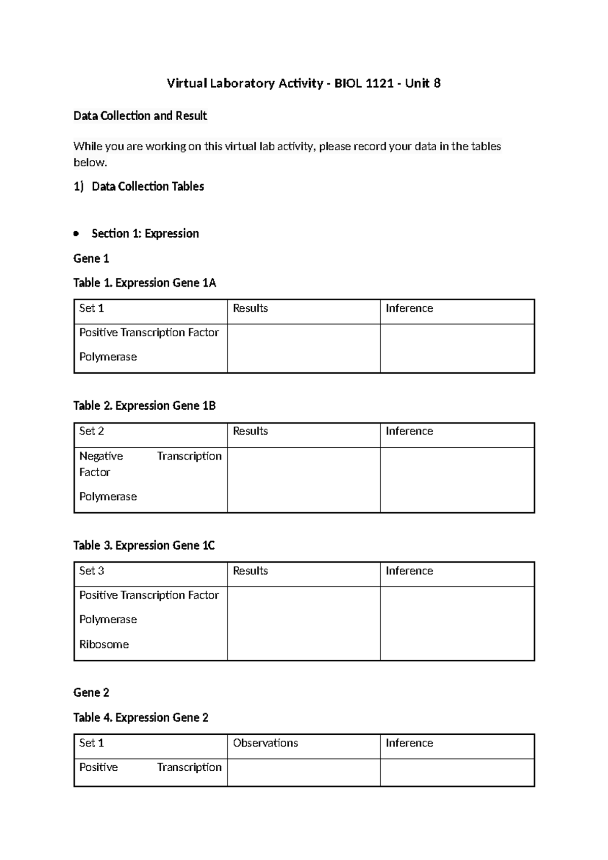 BIOL 1121 - Experiment 6: Data Collection & Results for Virtual Lab - Studocu
