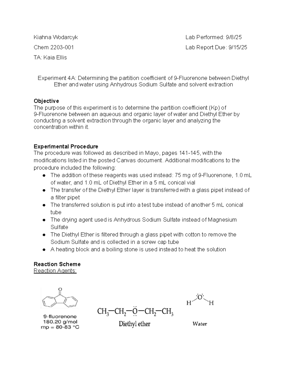 Chem 101 Lab Report: Solvent Extraction Partition Coefficient - Studocu