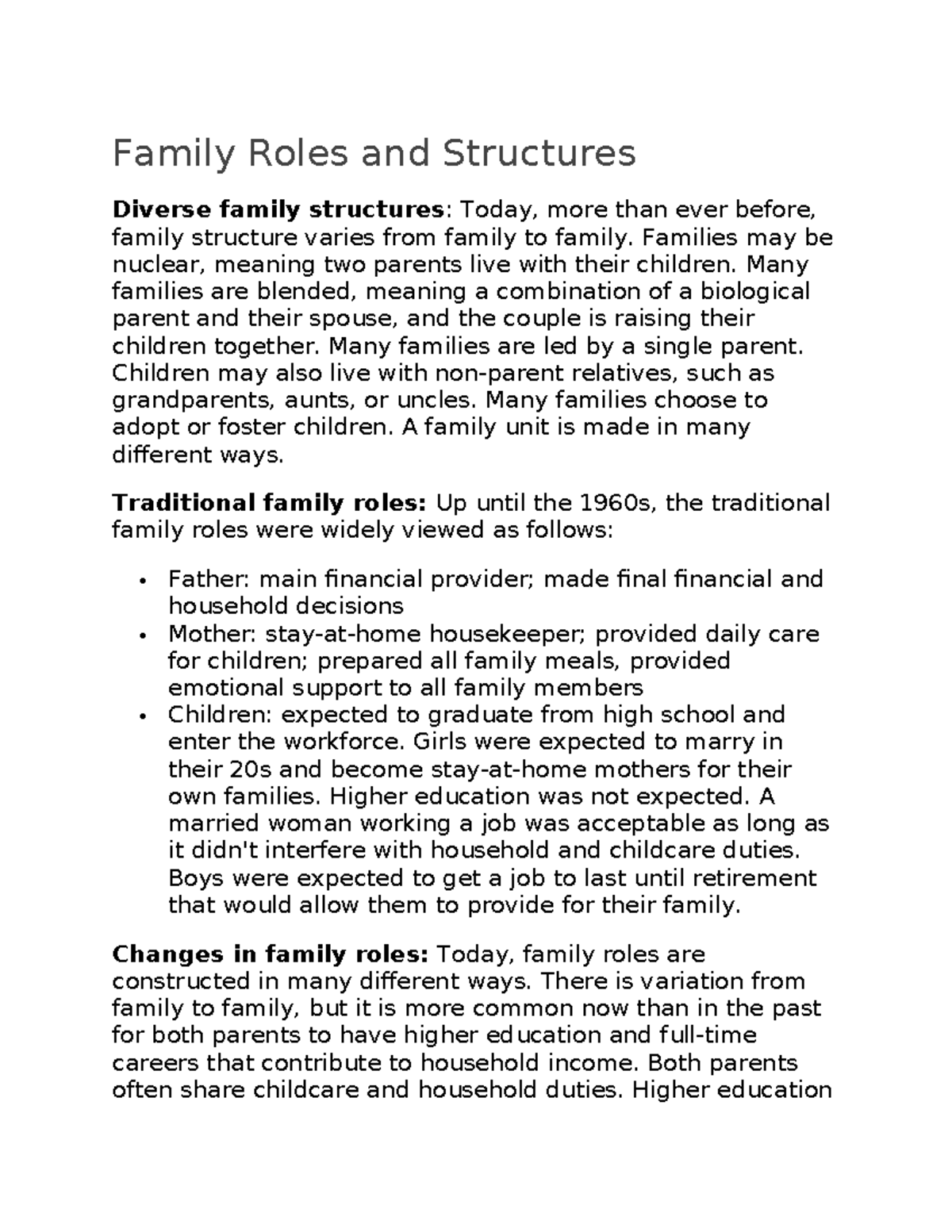 Family Roles and Structures: Understanding Dynamics and Changes - Studocu