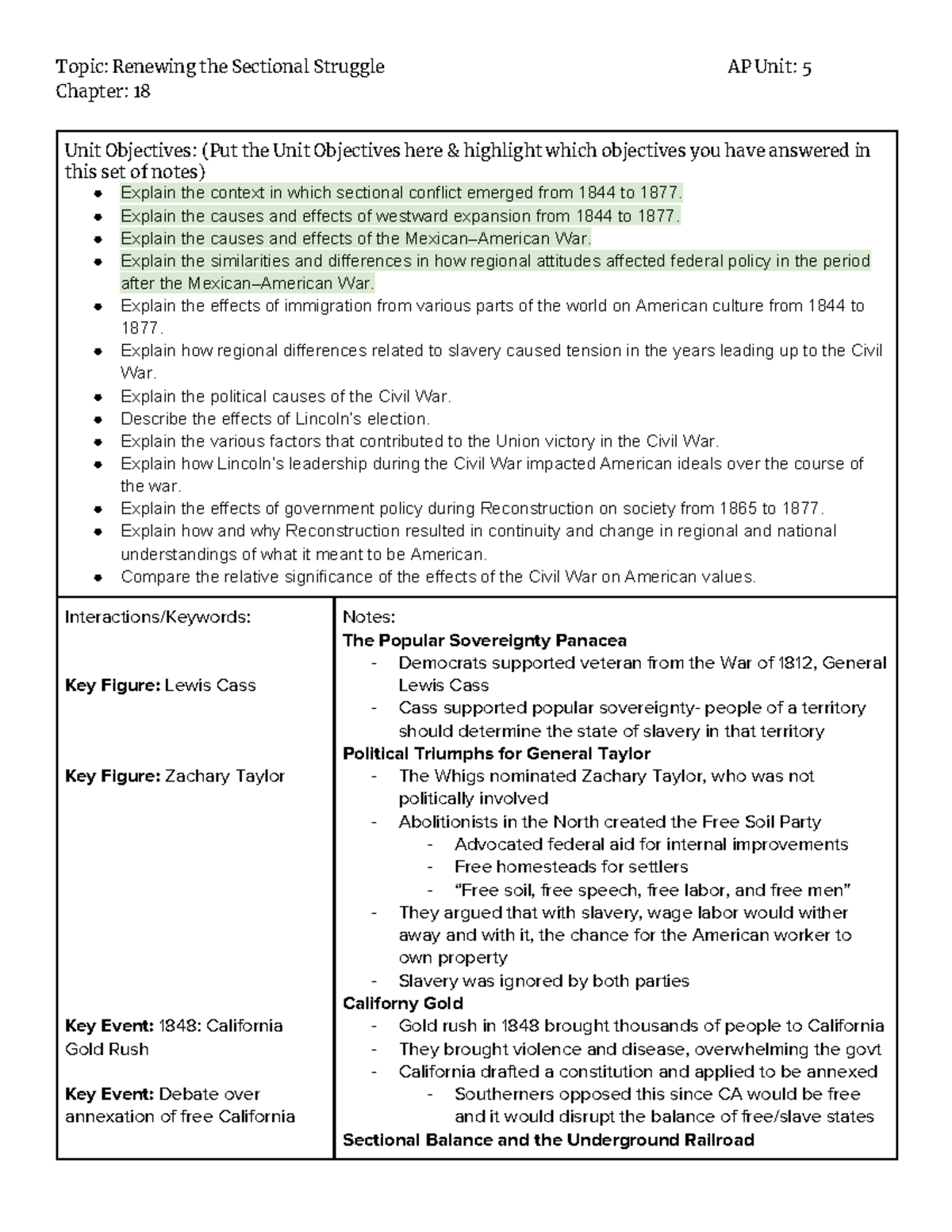 Chapter 18: Renewing the Sectional Struggle - APUSH Unit 5 Notes - Studocu