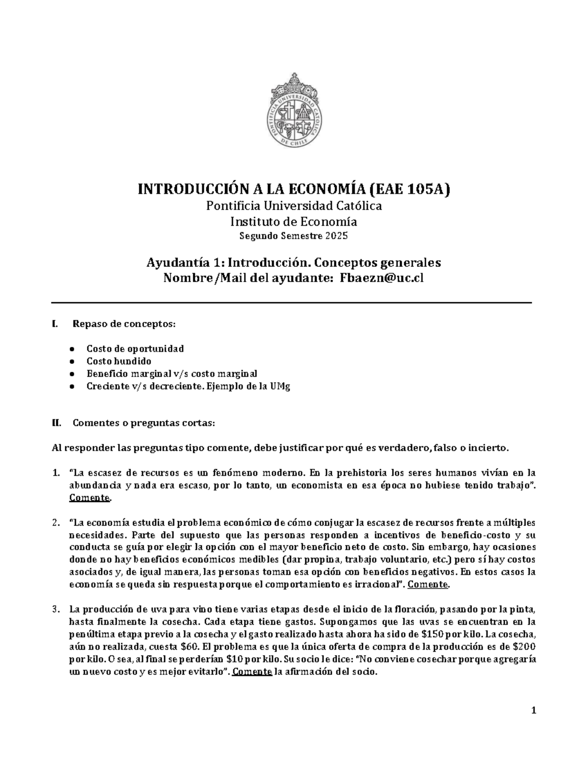 Ayudantía 1: Introducción a la Economía (EAE 105A) - Conceptos Clave y - Studocu