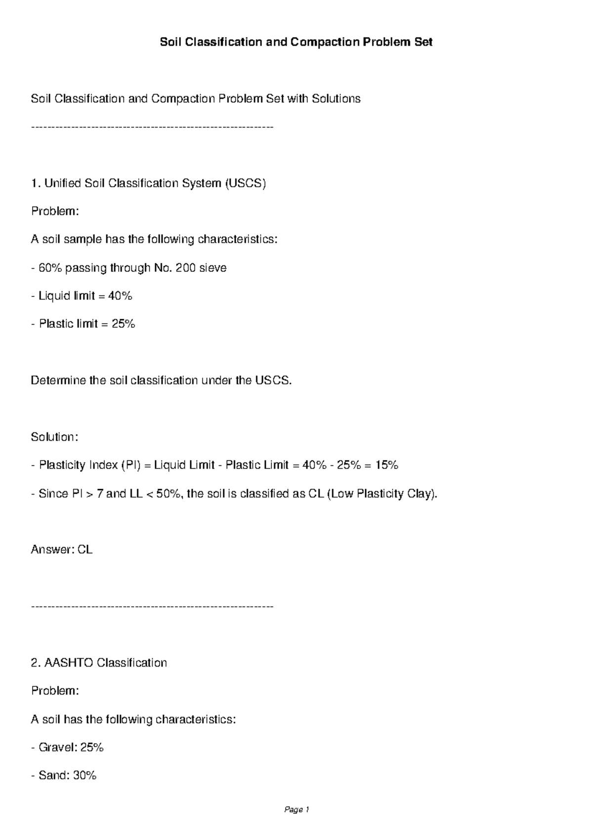 Soil Classification & Compaction Problem Set Solutions (ENGR 301) - Studocu