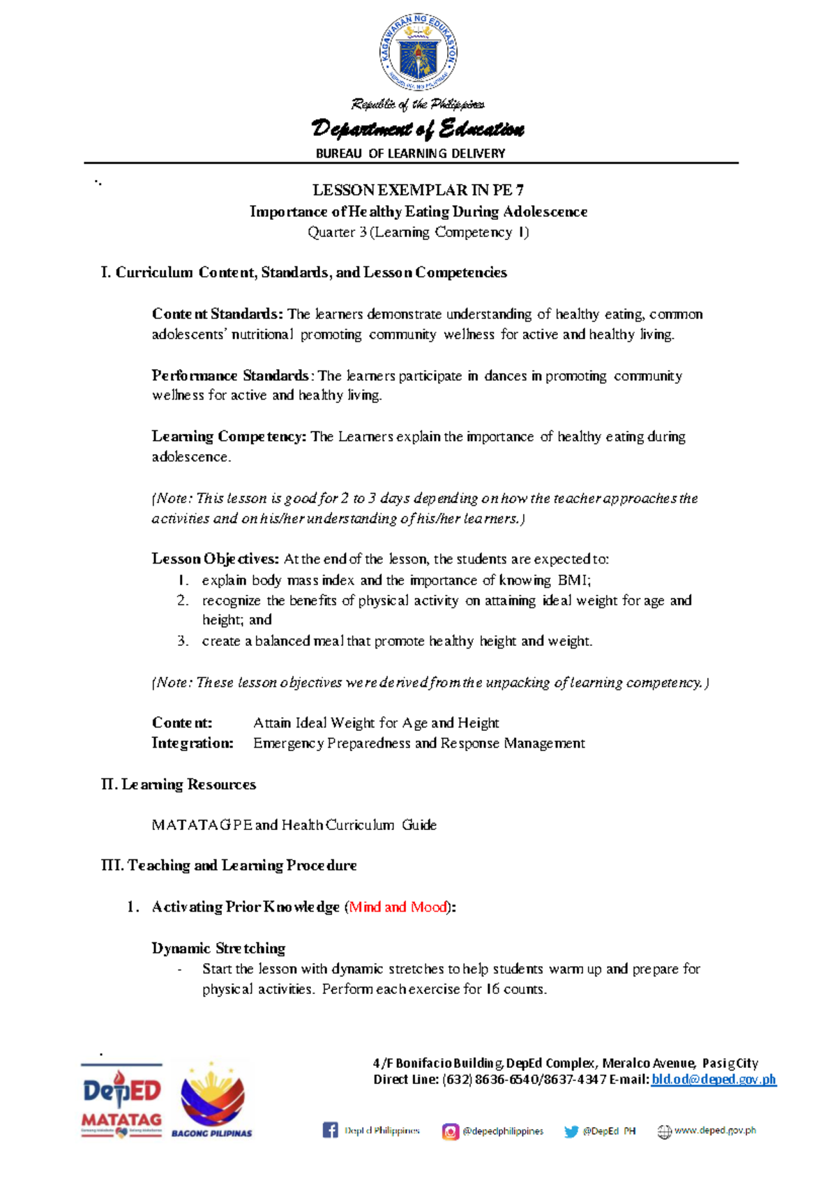 lesson exemplar - Department of Education BUREAU OF LEARNING DELIVERY 4 ...