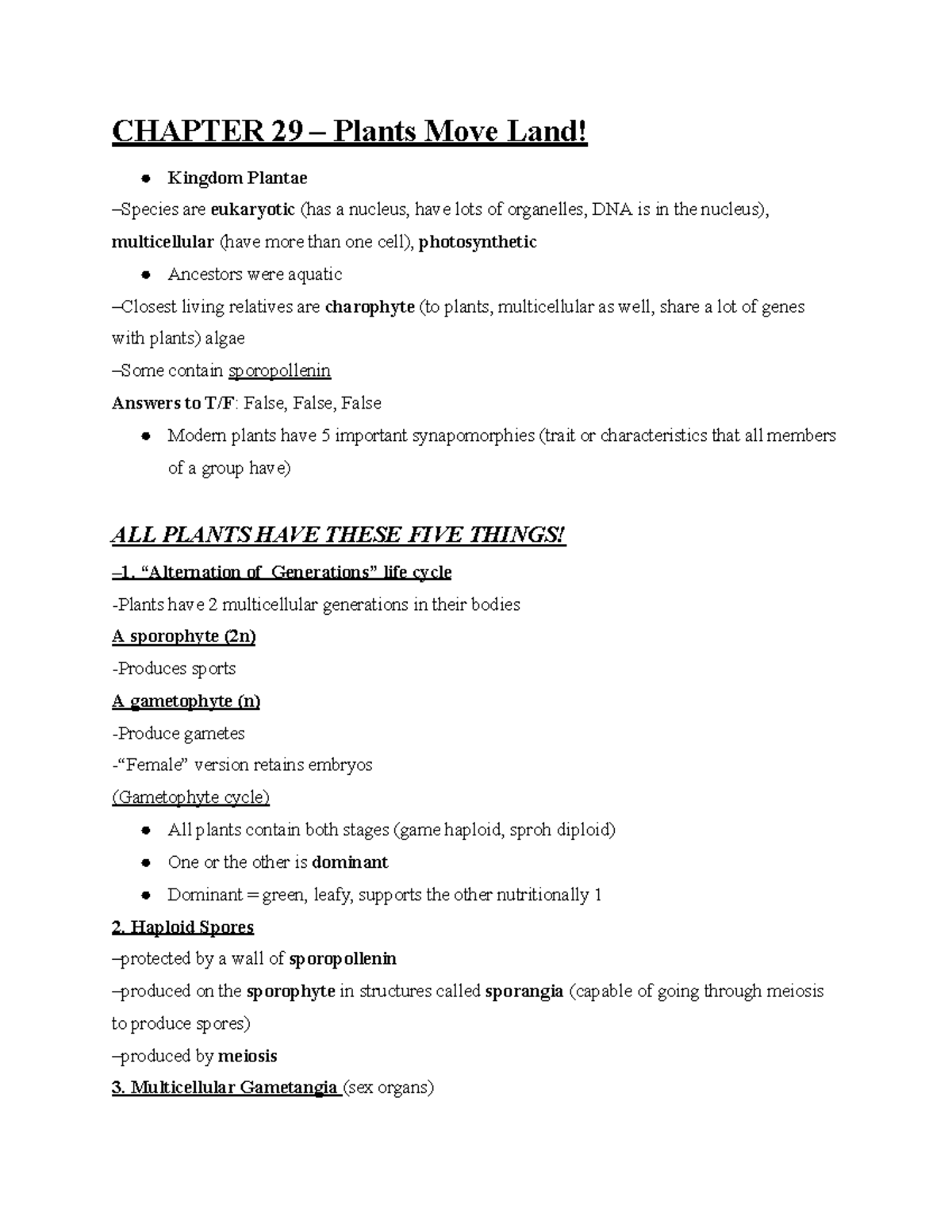 Biology 2 Notes: Plant Evolution, Classification, and Life Cycle ...