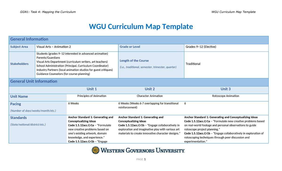 GGN1: Task 4 - WGU Curriculum Map for Advanced Animation Techniques ...