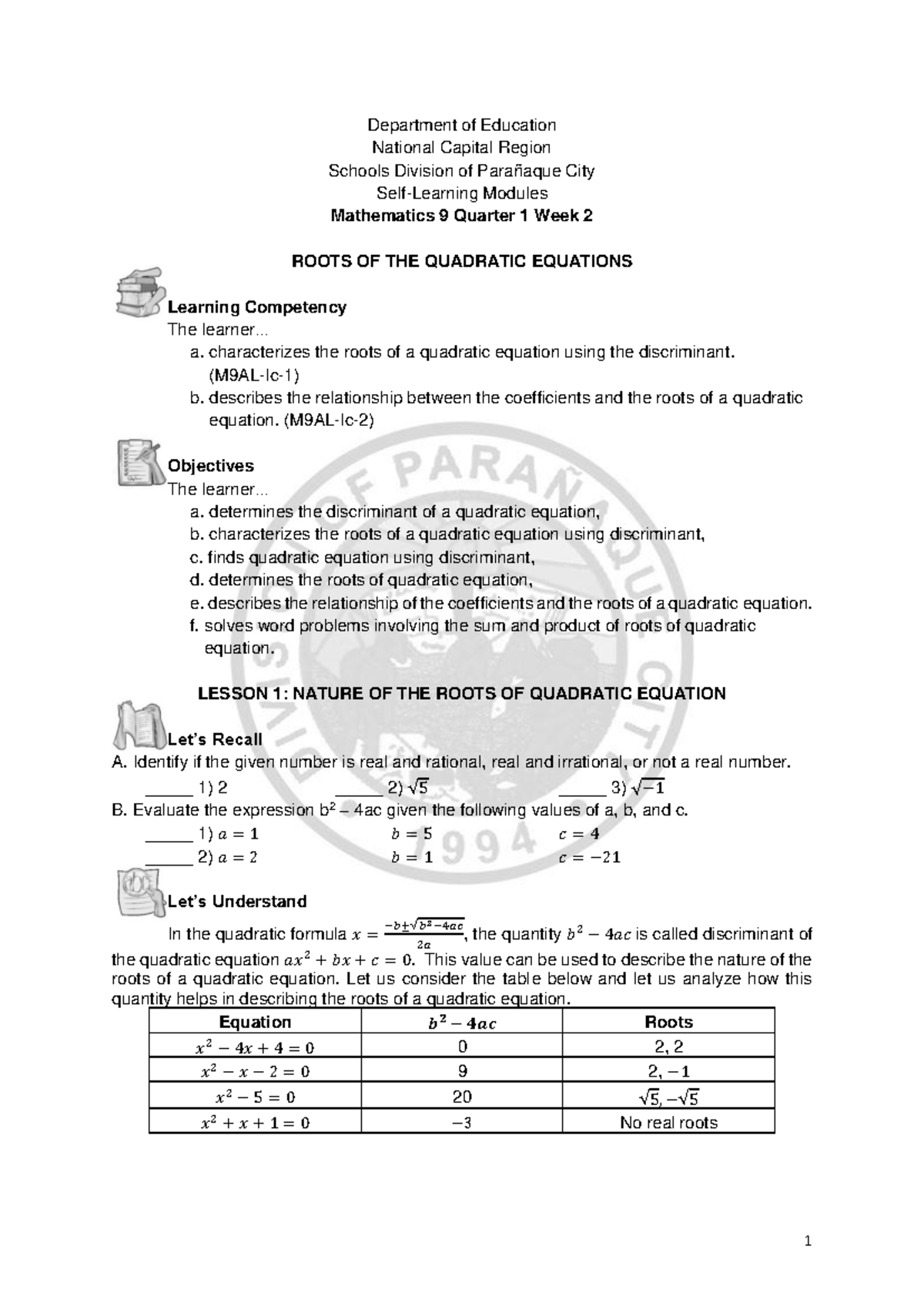 Mathematics 9 Q1 M2: Roots of Quadratic Equations (Week 2) - Studocu