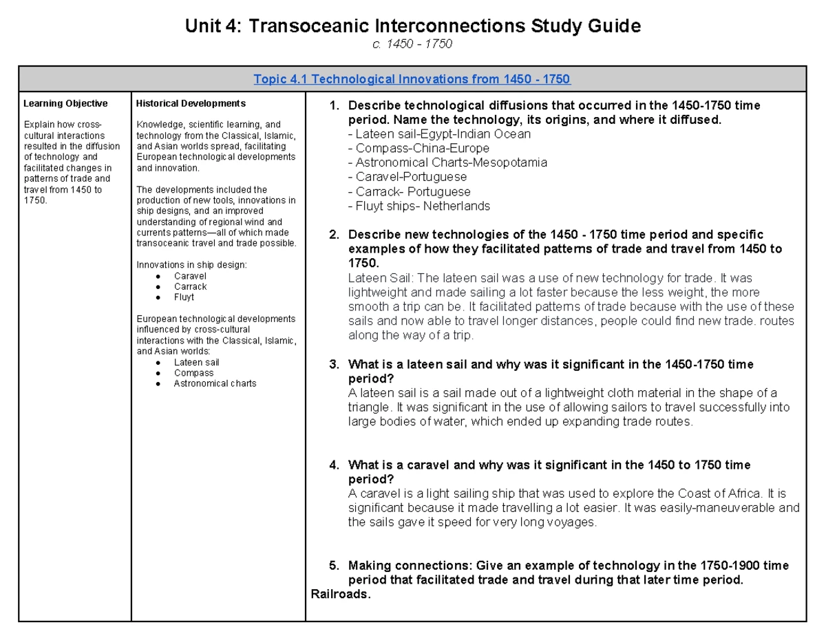 Unit 4 (c. 1450-1750) Study Guide: Transoceanic Interconnections - Studocu