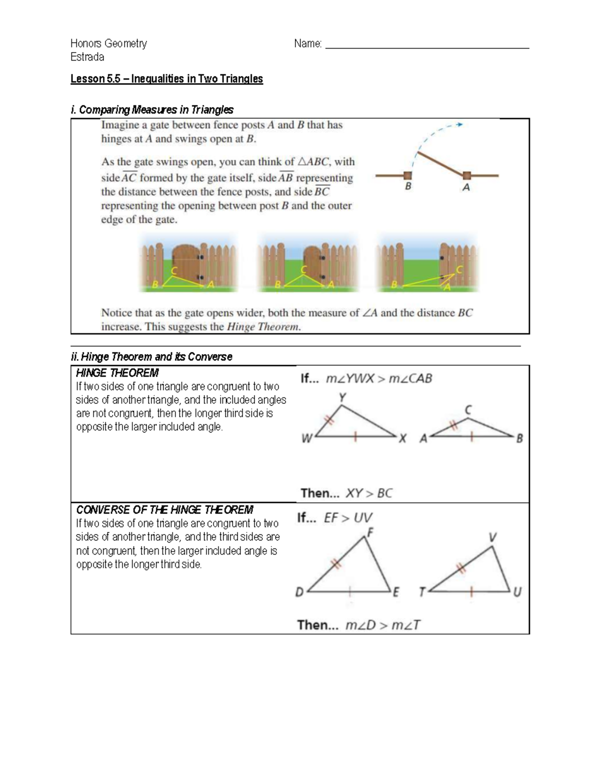 Honors Geometry Lesson 5.5: Inequalities in Two Triangles - Studocu