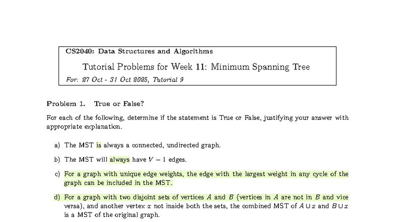 CS2040: Week 11 Tutorial Problems on Minimum Spanning Trees - Studocu