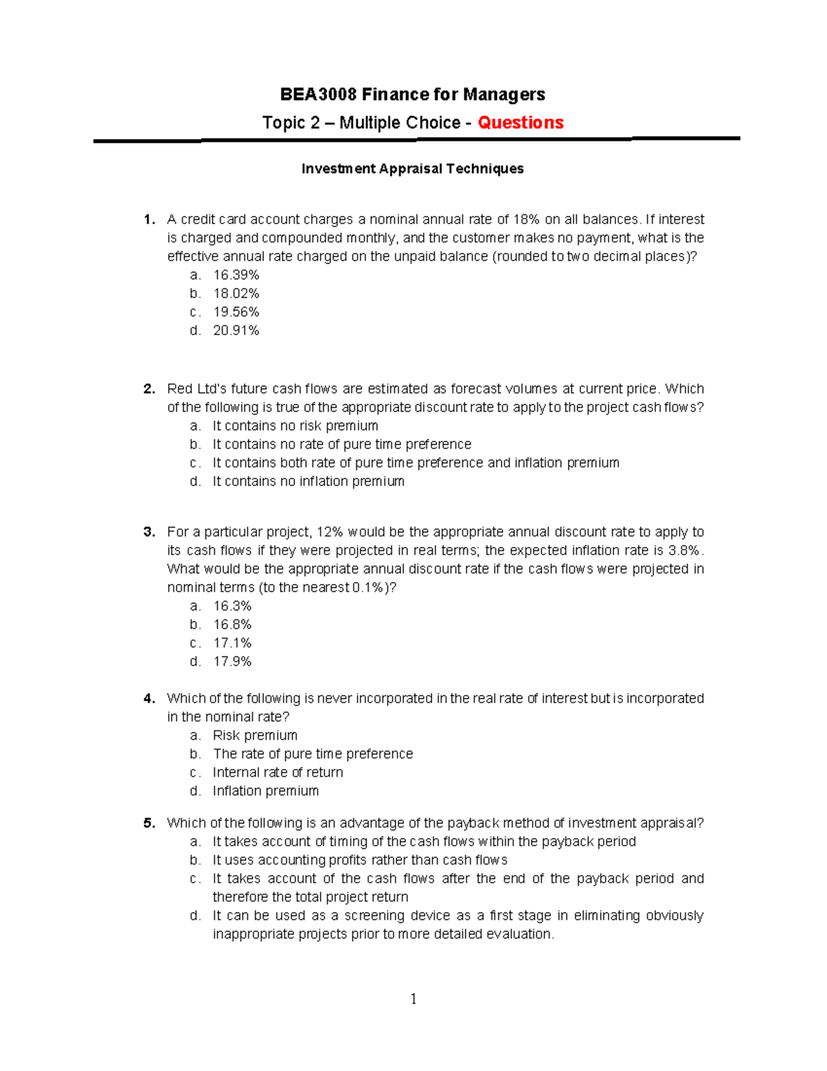 Topic 2 MCQ Questions - BEA3008 Finance for Managers Topic 2 – Multiple ...