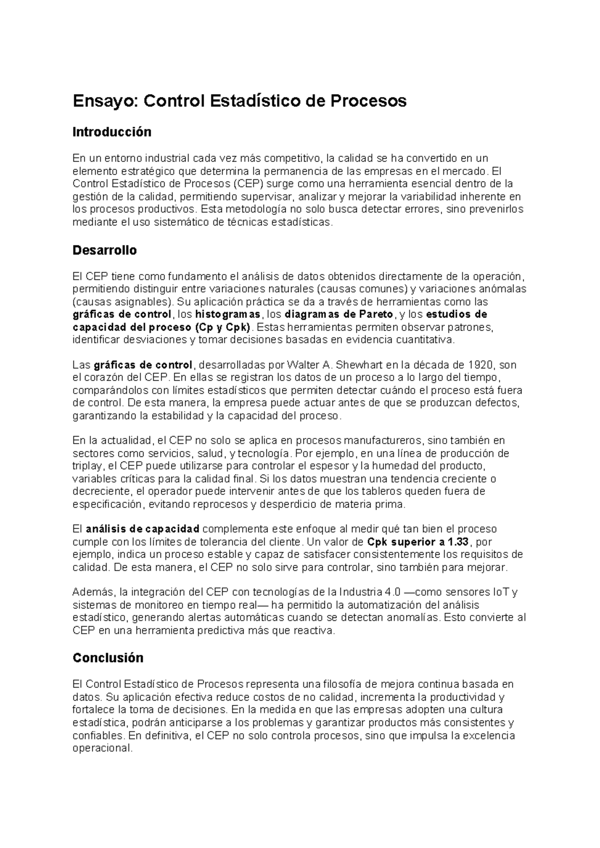 Ensayo: Control Estadístico de Procesos y Mejora Continua - Studocu