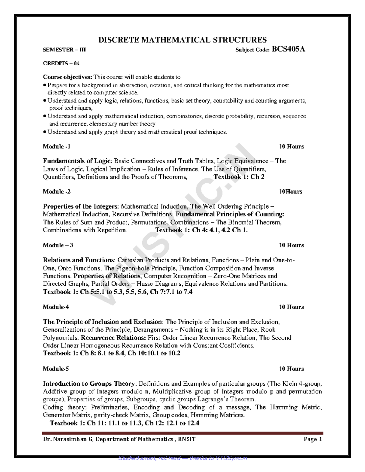 BCS405A - Discrete Mathematical Structures: Logic Fundamentals and ...