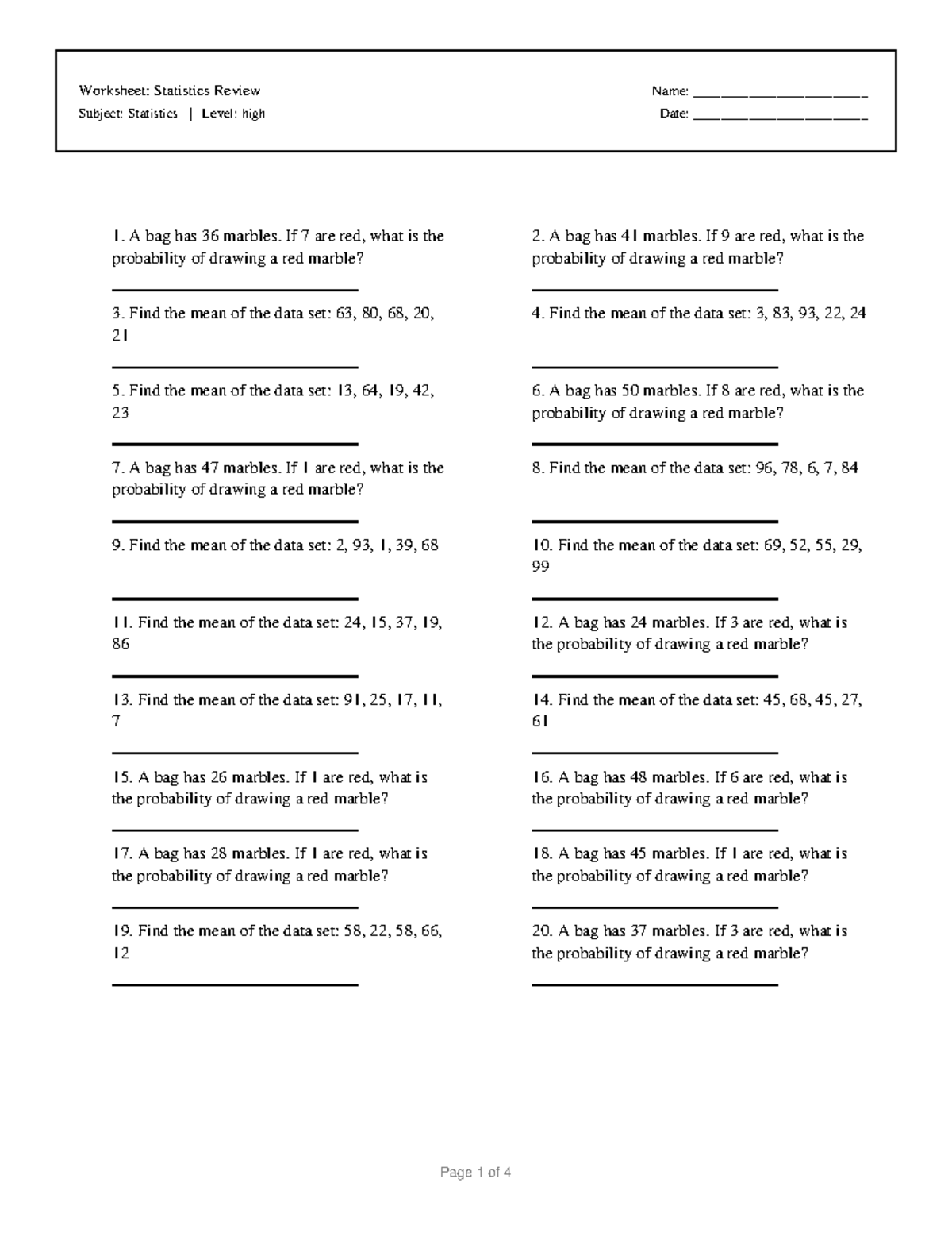 Statistics 6: Worksheet on Probability & Mean Calculations - Studocu