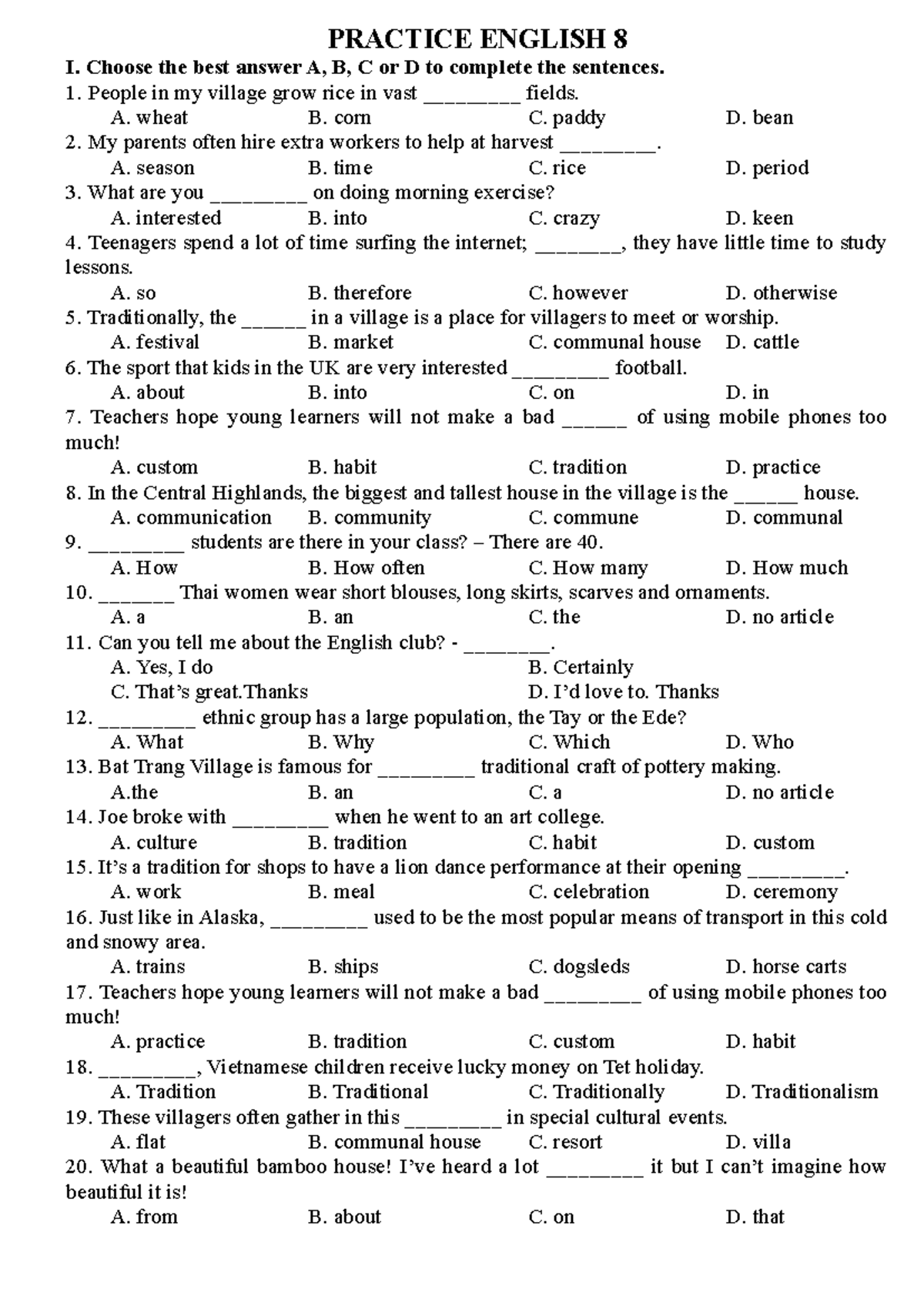 Practice English 8 - Complete the Sentences Exercise - Studocu