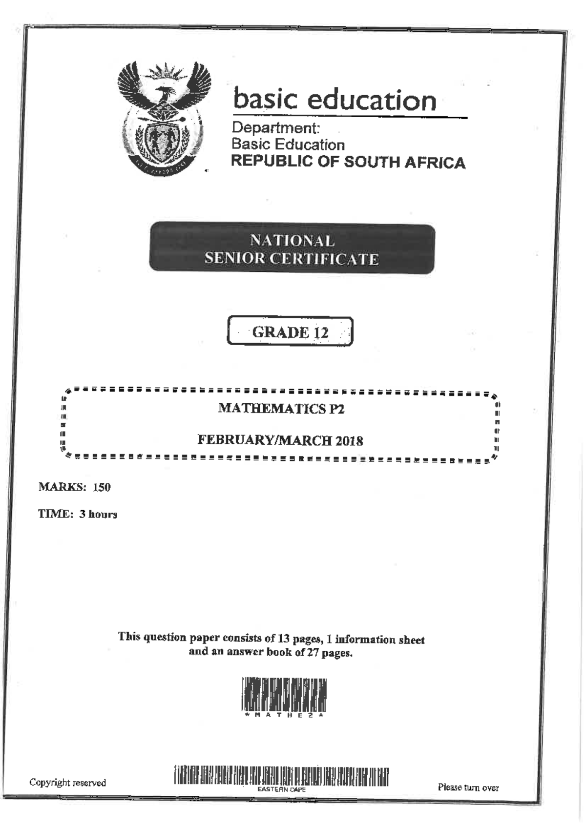 Grade 12 2018 February/March Mathematics P2 Exam Paper 7X6284 - Studocu