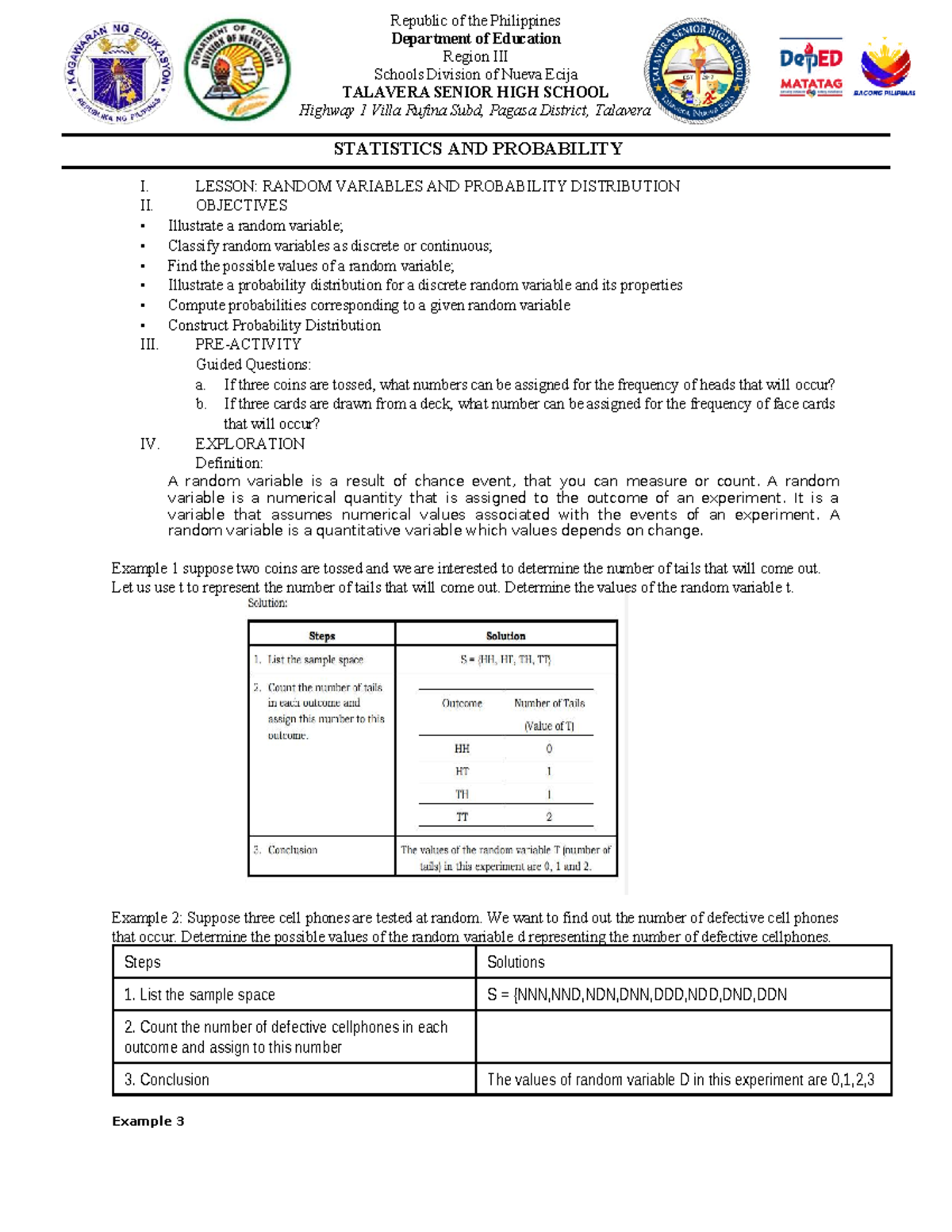 TALAVERA SHS STATISTICS & PROBABILITY: Lesson on Random Variables ...