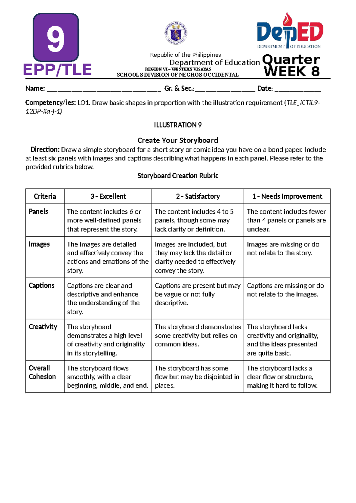 TLE9 Q3 Illustration: Storyboard Creation Guidelines and Rubric - Studocu