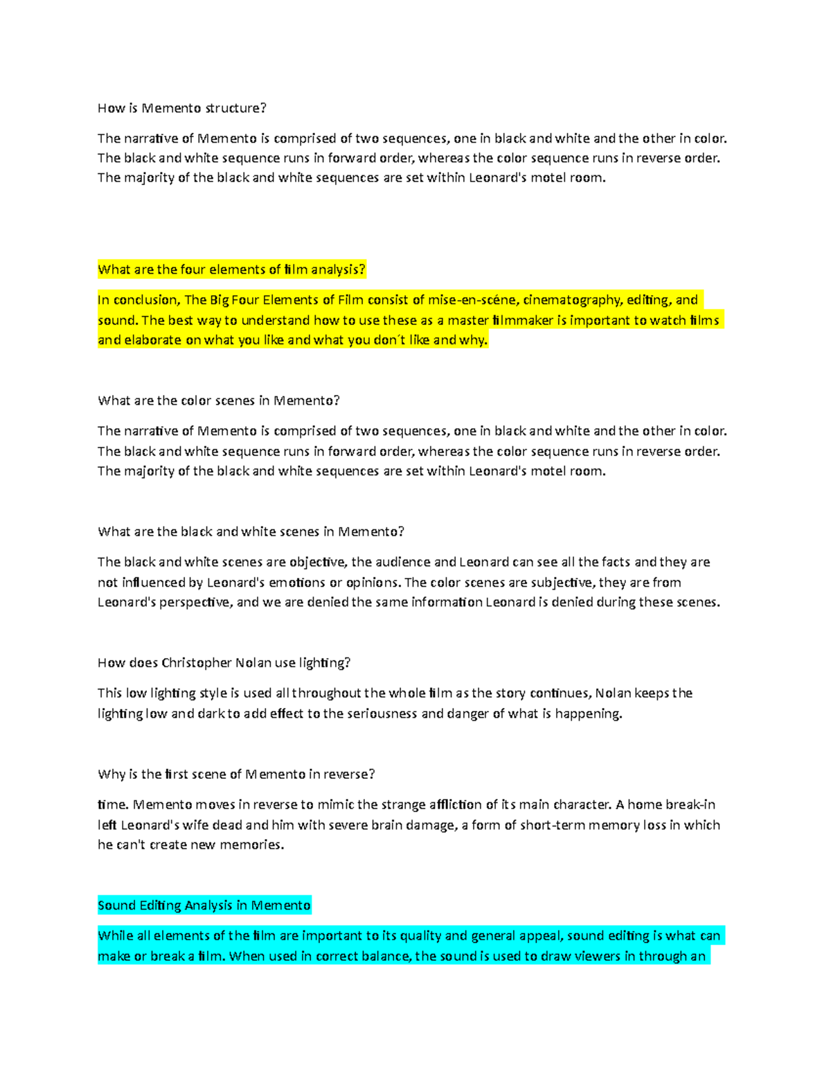 How is Memento structure - The black and white sequence runs in forward ...