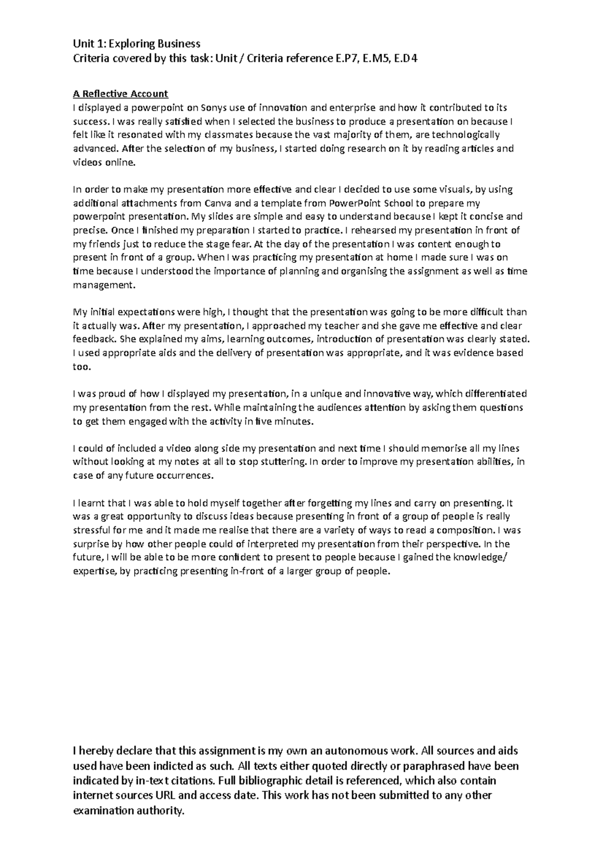 Reflective Account on Presentation Skills - Unit E.P7, E.M5, E.D - Studocu