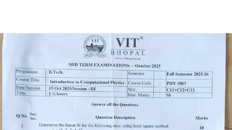 PHY 1003 Midterm Exam: Introduction to Computational Physics - Studocu