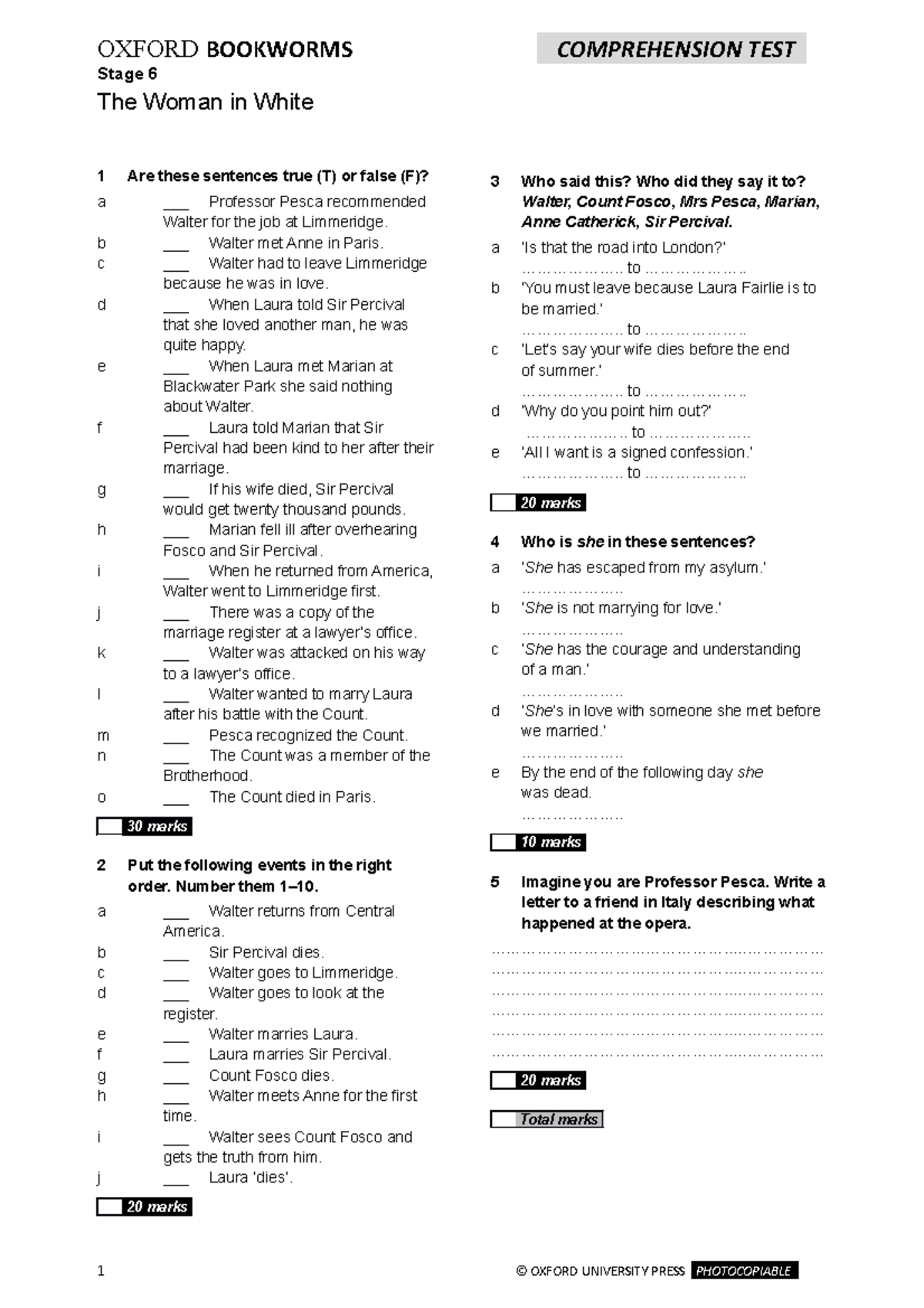 Oxford Bookworms Stage 6: The Woman in White - Comprehension & Test ...