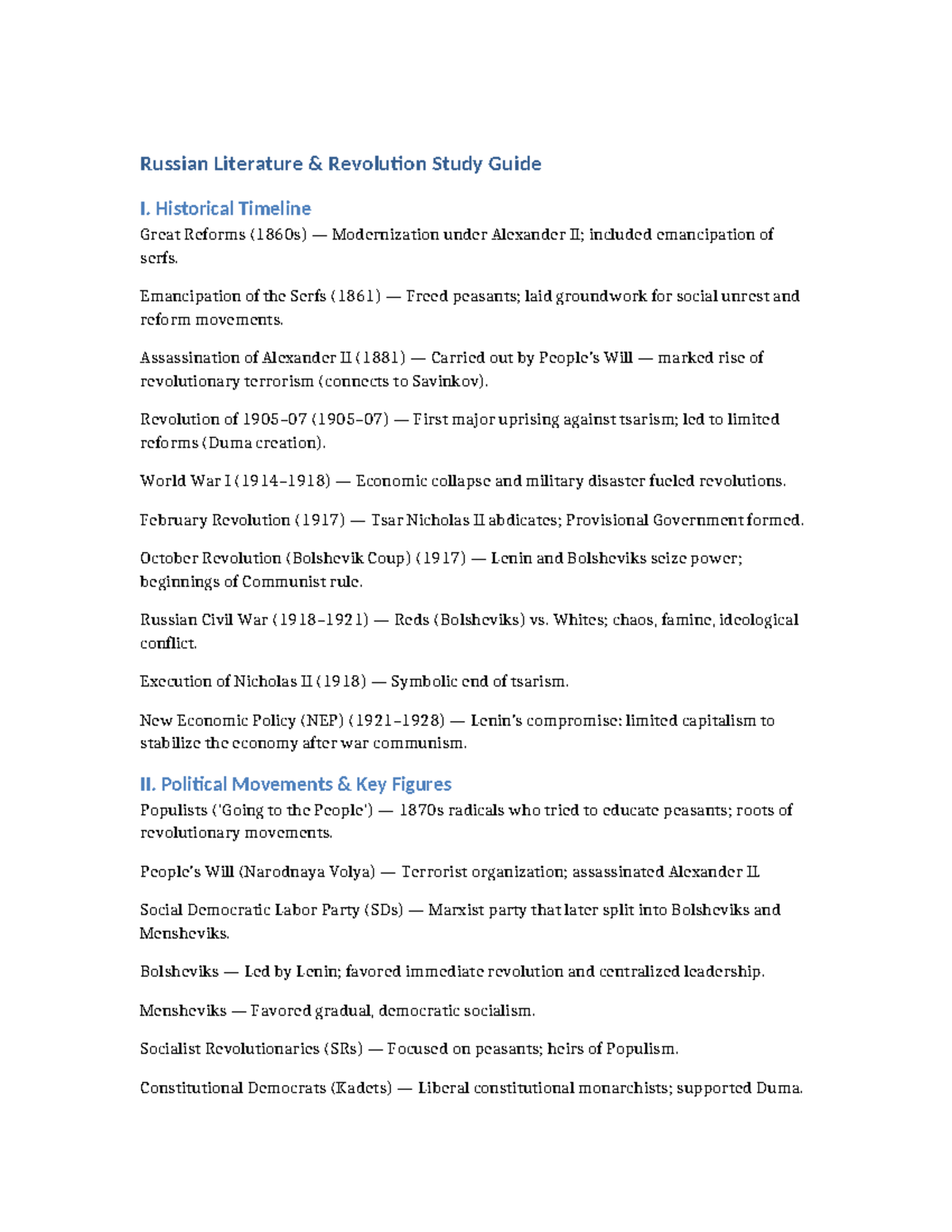 Russian Literature Revolution Study Guide: Key Events & Figures - Studocu