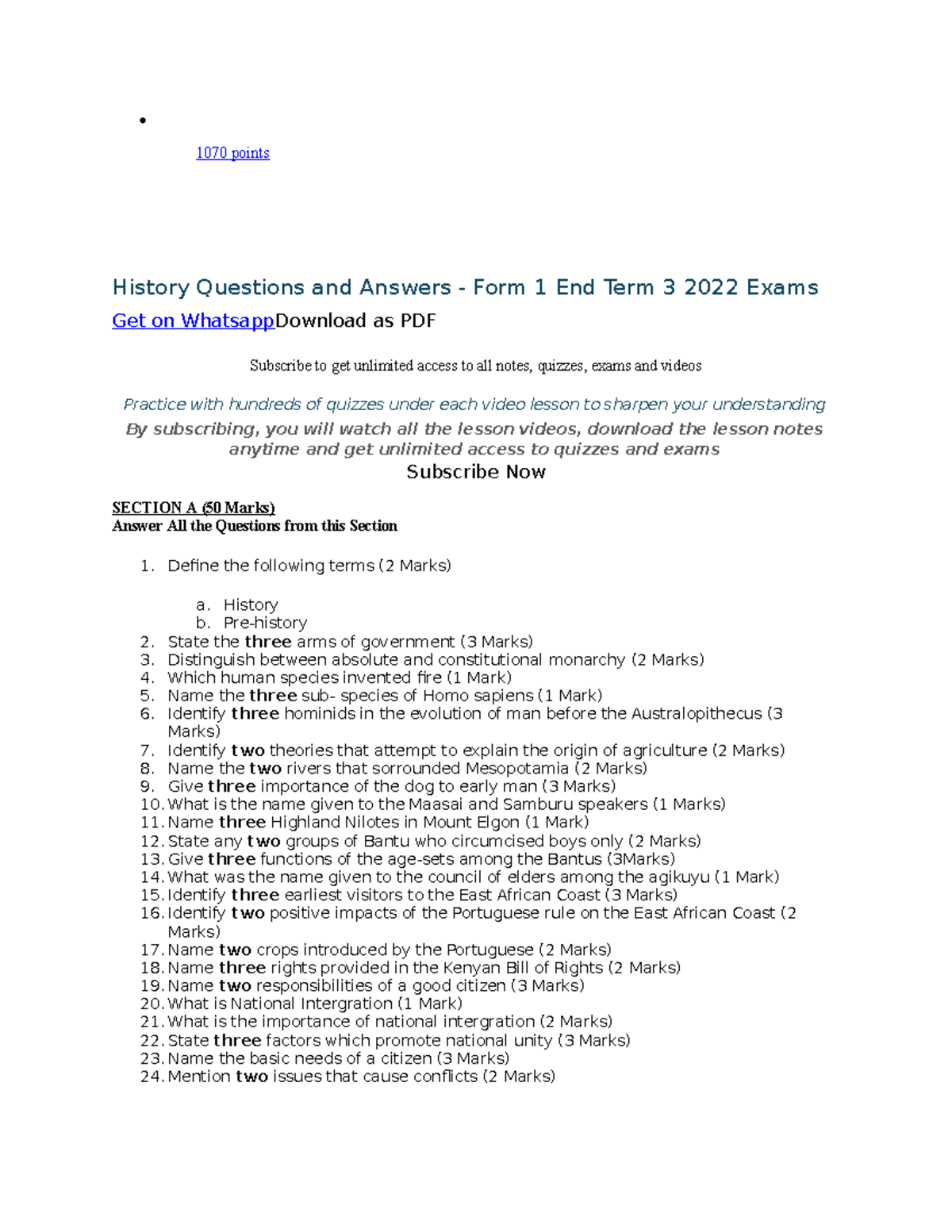 Form 1 History End Term 3 2022 Exam Q&A Notes - Studocu