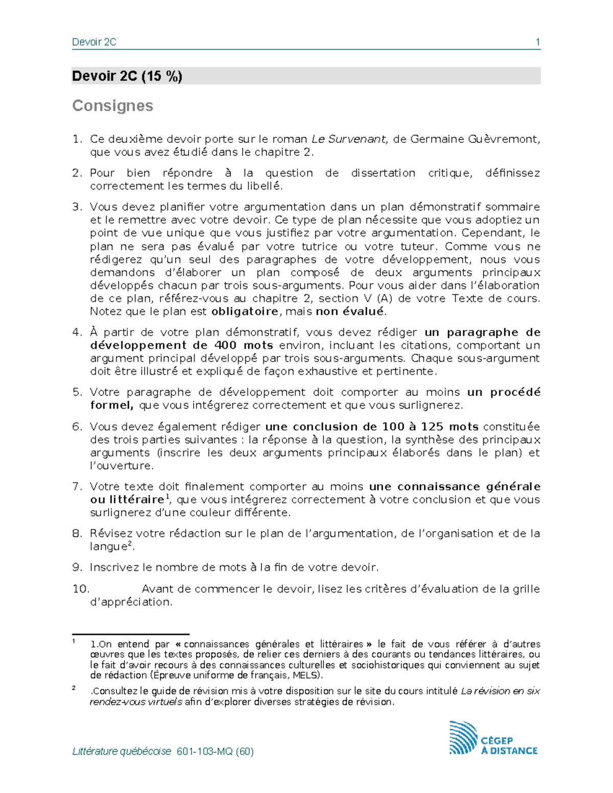 601-103-MQ Devoir 2C: Analyse du roman Le Survenant - Studocu