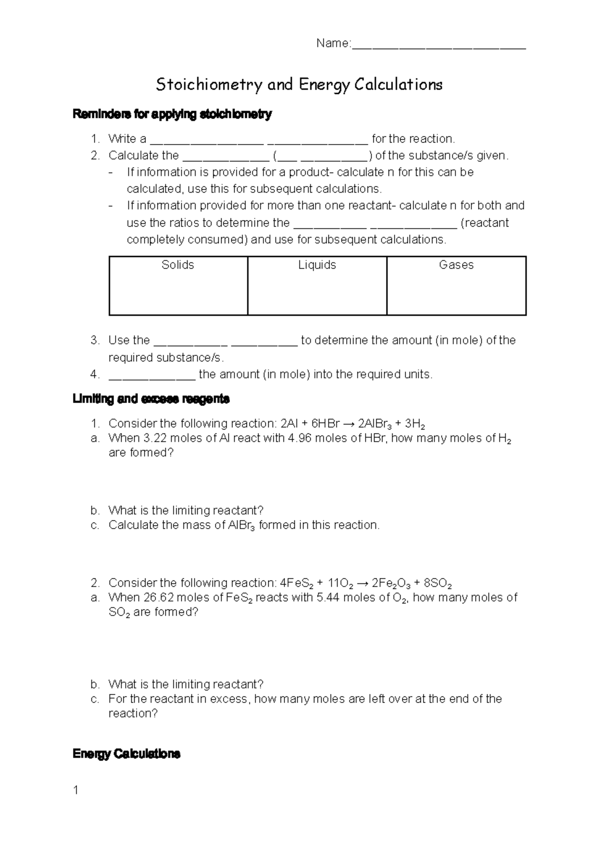 Stoichiometry and Energy Calculations: Key Concepts and Examples - Studocu