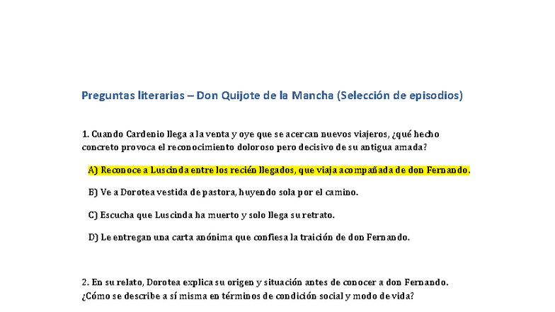 Preguntas literarias sobre Don Quijote de la Mancha (Episodios ...