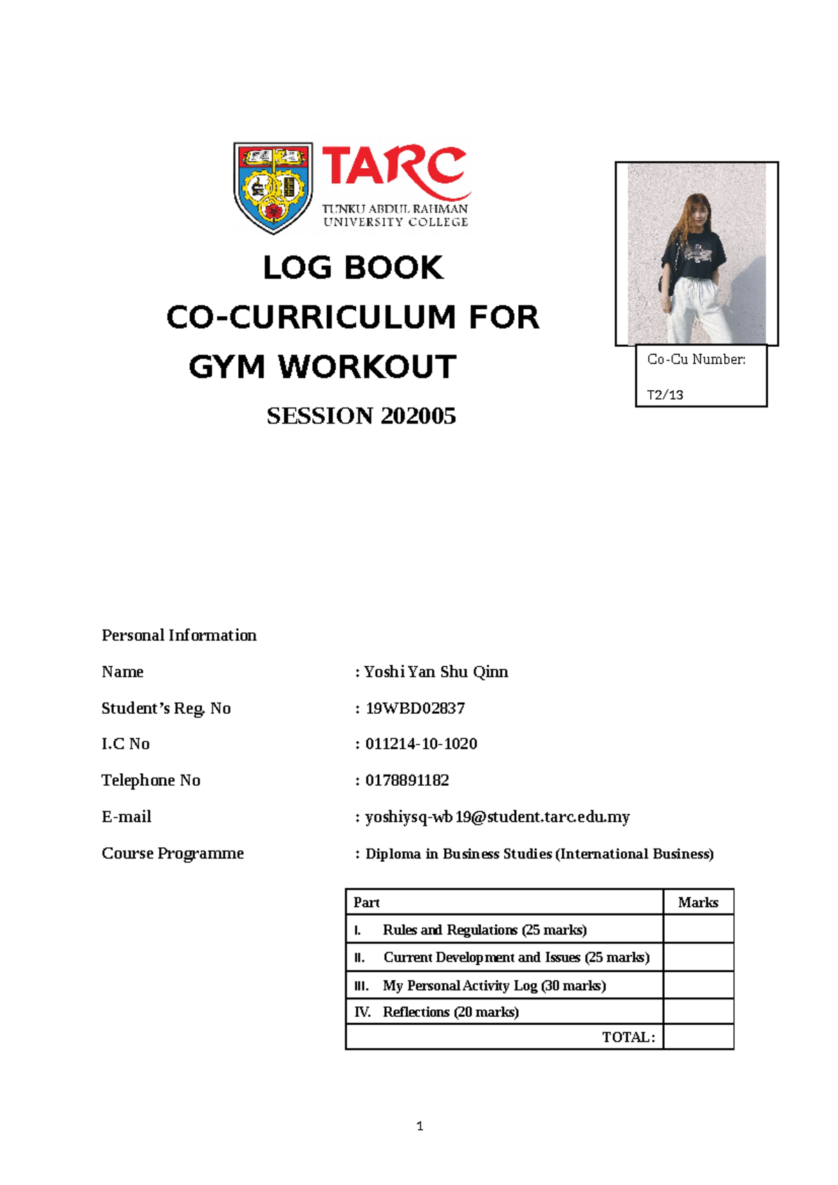 T2 13 - gym log books - LOG BOOK CO-CURRICULUM FOR GYM WORKOUT SESSION ...