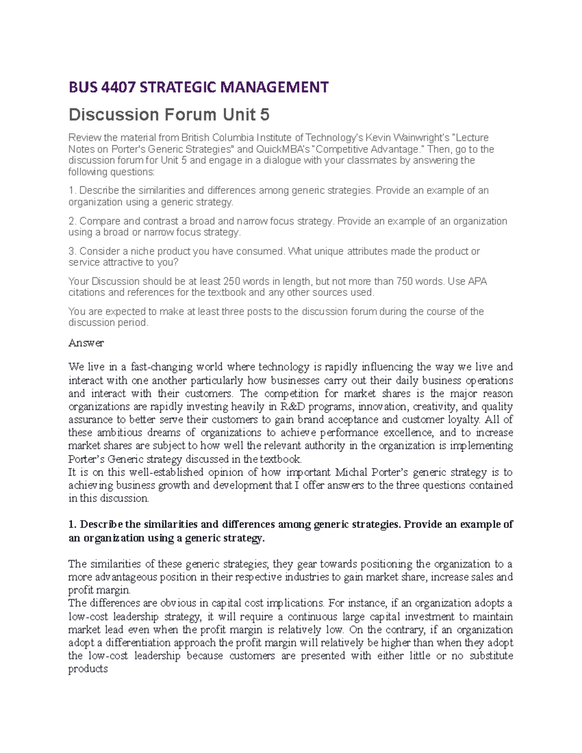 BUS 4407 Strategic Management Discussion Forum Unit 5 Term 4 2021 ...