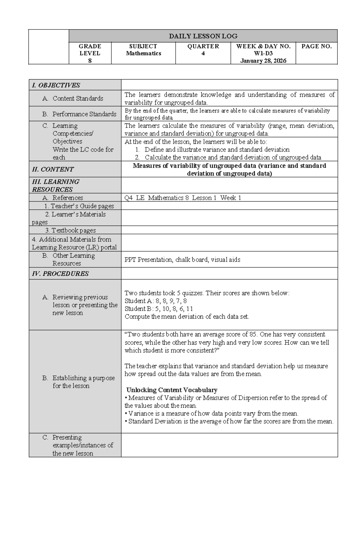 MATH 8 DLP - Q4-W1-DAY 3 - Variance & Standard Deviation Lesson Plan ...