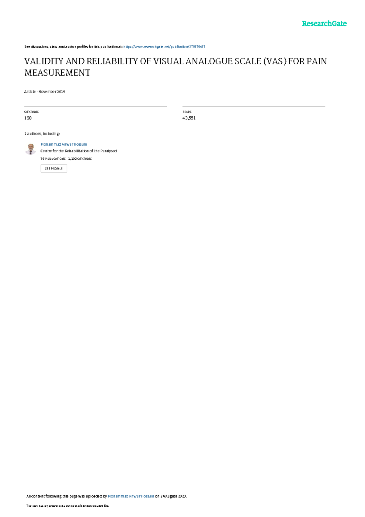 Validity and Reliability of Visual Analogue Scale (VAS) for Pain ...