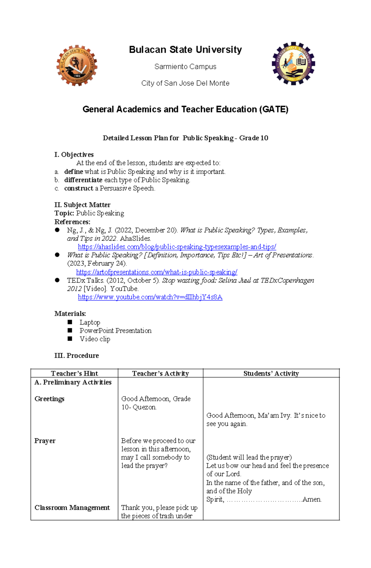 DLP Public Speaking Grade 10 - Final Lesson Plan Overview - Studocu