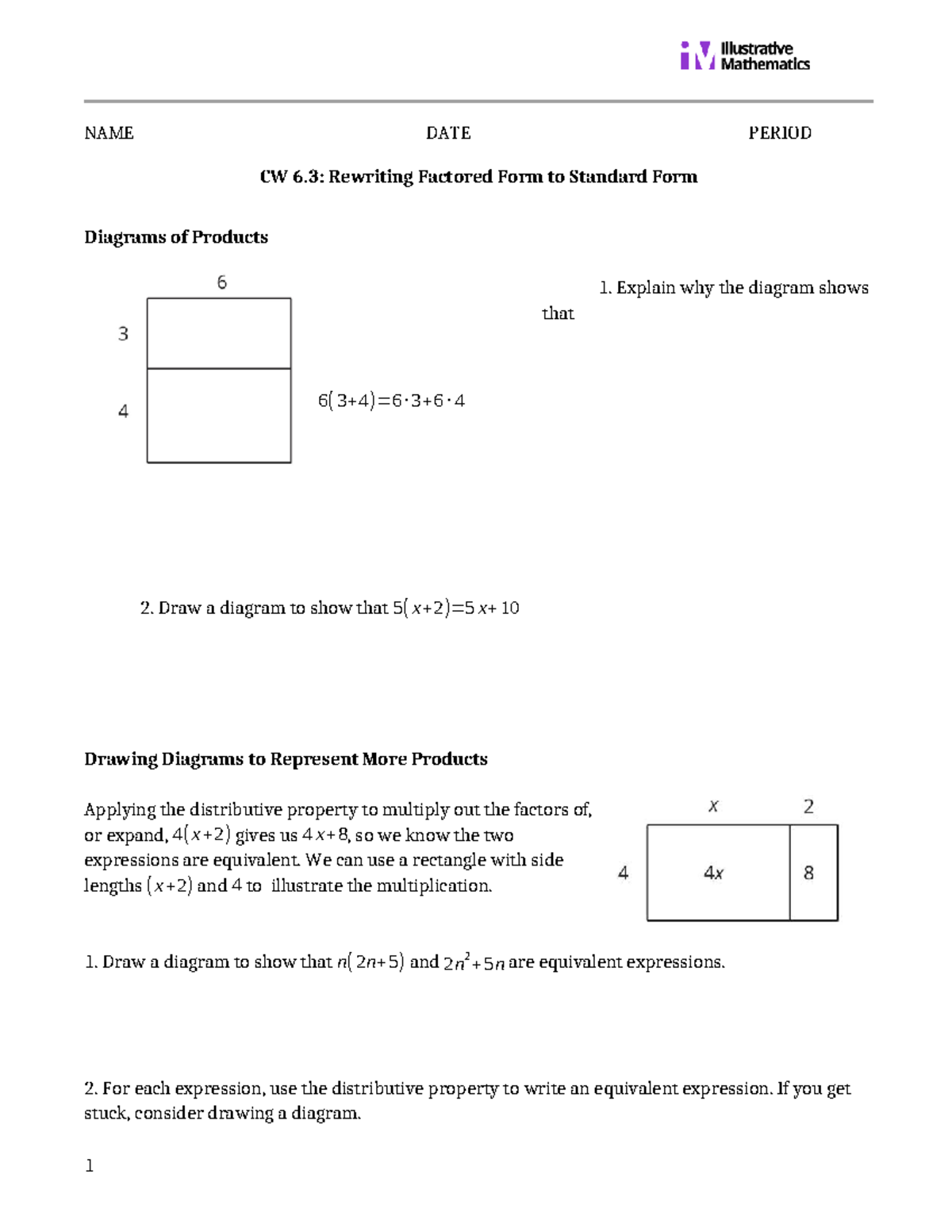 6.3F CW: Converting Factored Form to Standard Form with Diagrams - Studocu