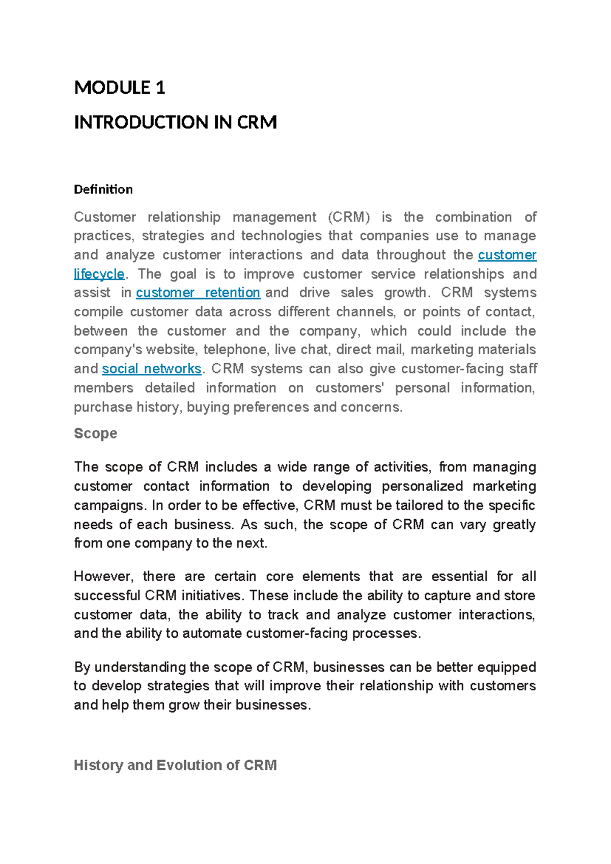 CRM Module 1: Introduction to Customer Relationship Management - Studocu